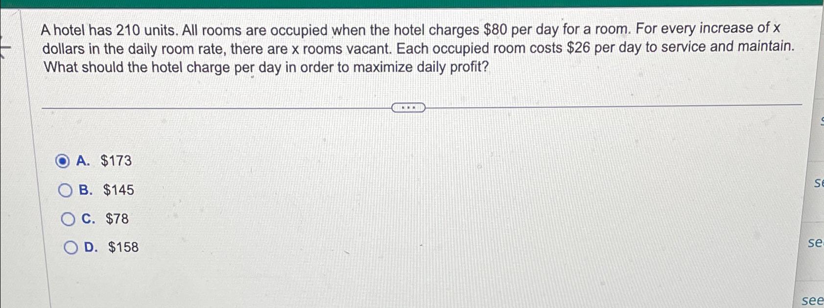 Solved A hotel has 210 ﻿units. All rooms are occupied when | Chegg.com