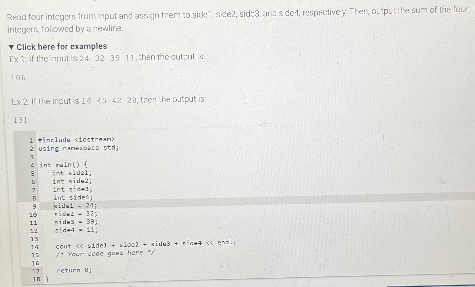 Solved Read four integers from input and assign them to side | Chegg.com