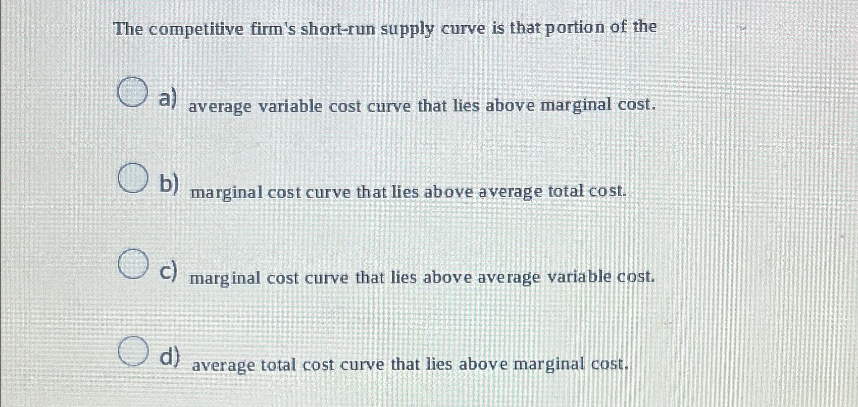Solved The competitive firm's short-run supply curve is that | Chegg.com