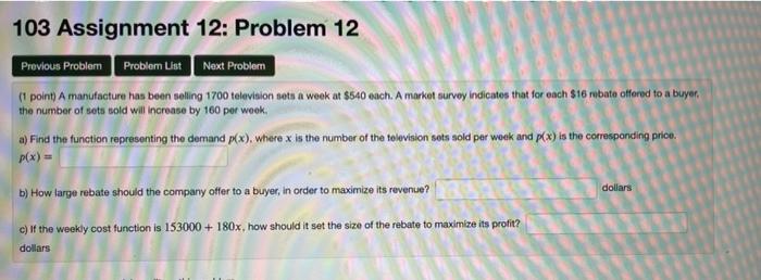 Solved 103 Assignment 12: Problem 12 Previous Probler | Chegg.com