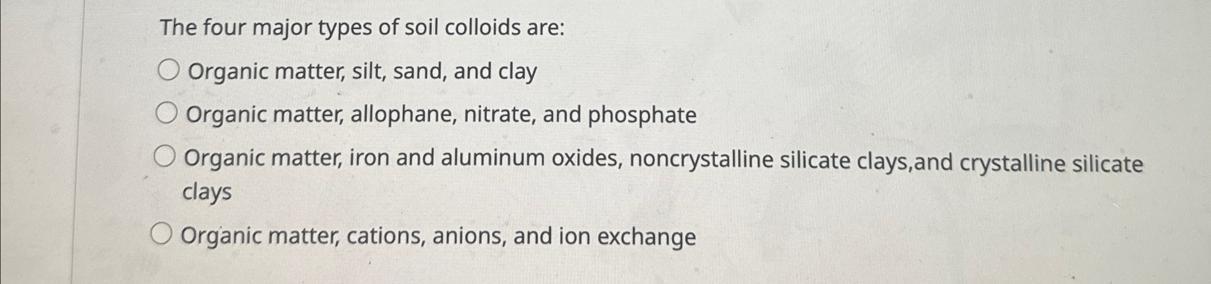 Solved The four major types of soil colloids are:Organic | Chegg.com