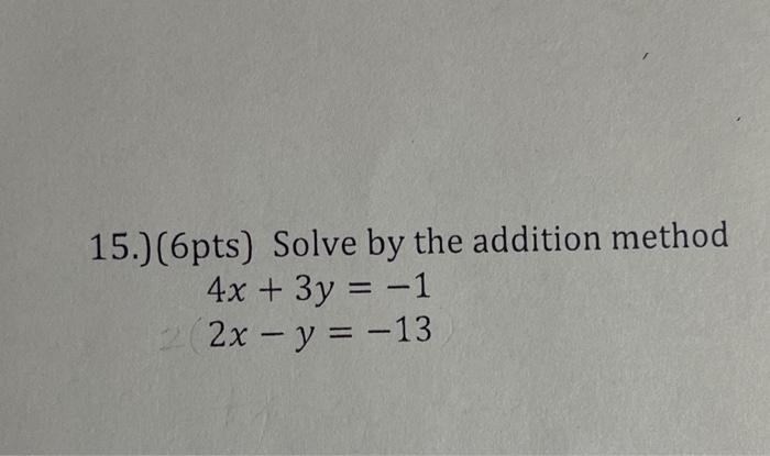 Solved 15.) (6pts) Solve by the addition method | Chegg.com