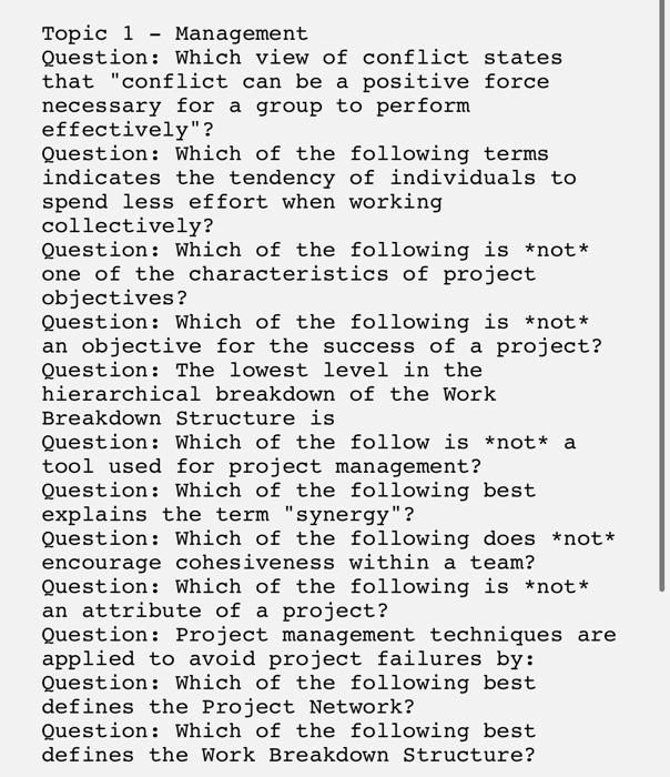 Solved Topic 1 - Management Question: Which view of conflict | Chegg.com