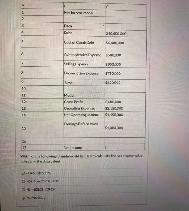 Solved A B с 1 Net Income model 2 3 Data 4 Sales $10,000,000 | Chegg.com