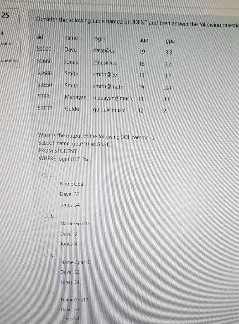 Solved 25 Consider the following table named STUDENT and | Chegg.com