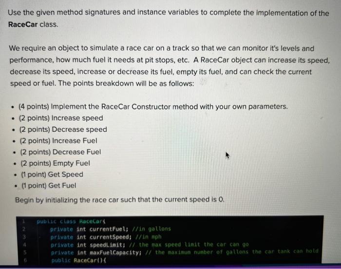 Solved Use the given method signatures and instance | Chegg.com