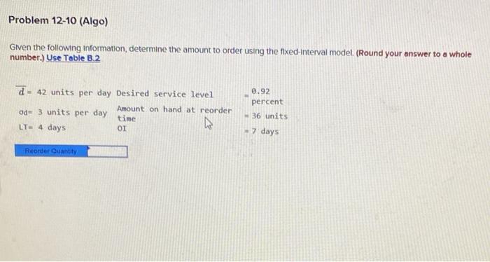Solved Problem 12-10 (Algo) Given the following Information | Chegg.com
