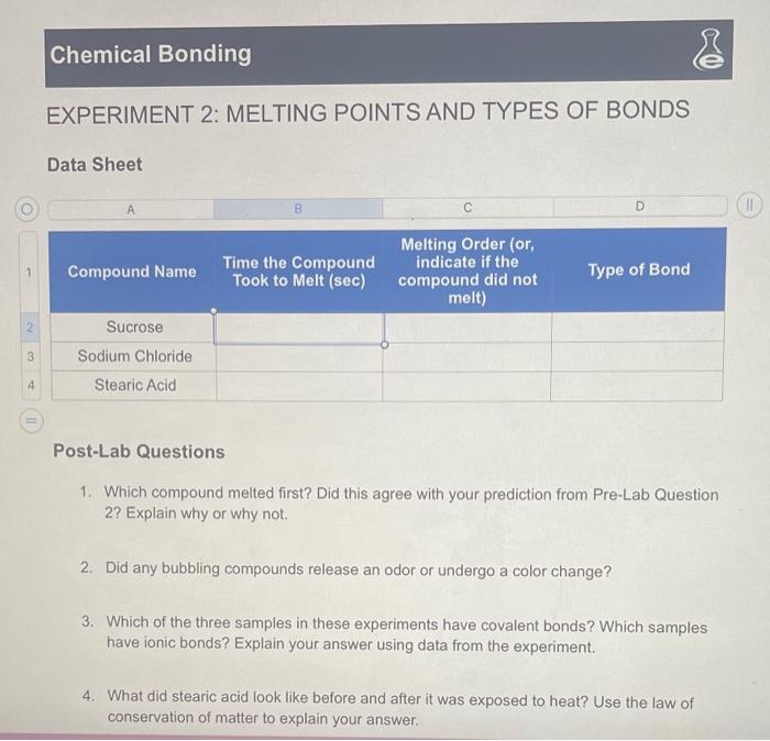 Solved Chemical Bonding EXPERIMENT 2: MELTING POINTS AND | Chegg.com