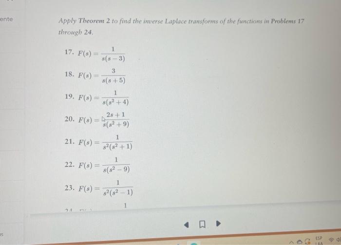 Apply Theorem 2 to find the inverse Laplace | Chegg.com