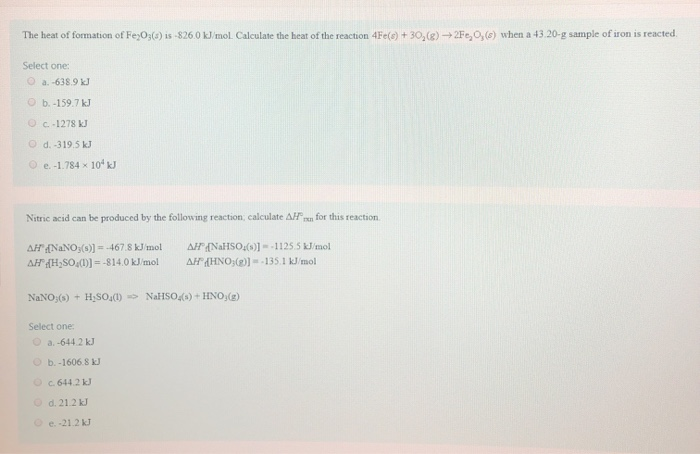 Solved The heat of formation of FeO3(s) is 8260 kJ/mol | Chegg.com