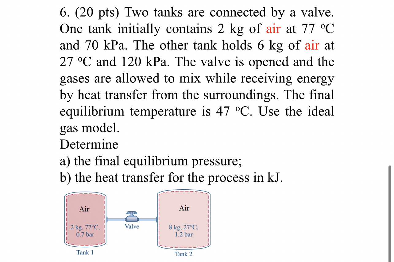 Solved (20 ﻿pts) ﻿Two tanks are connected by a valve. One | Chegg.com