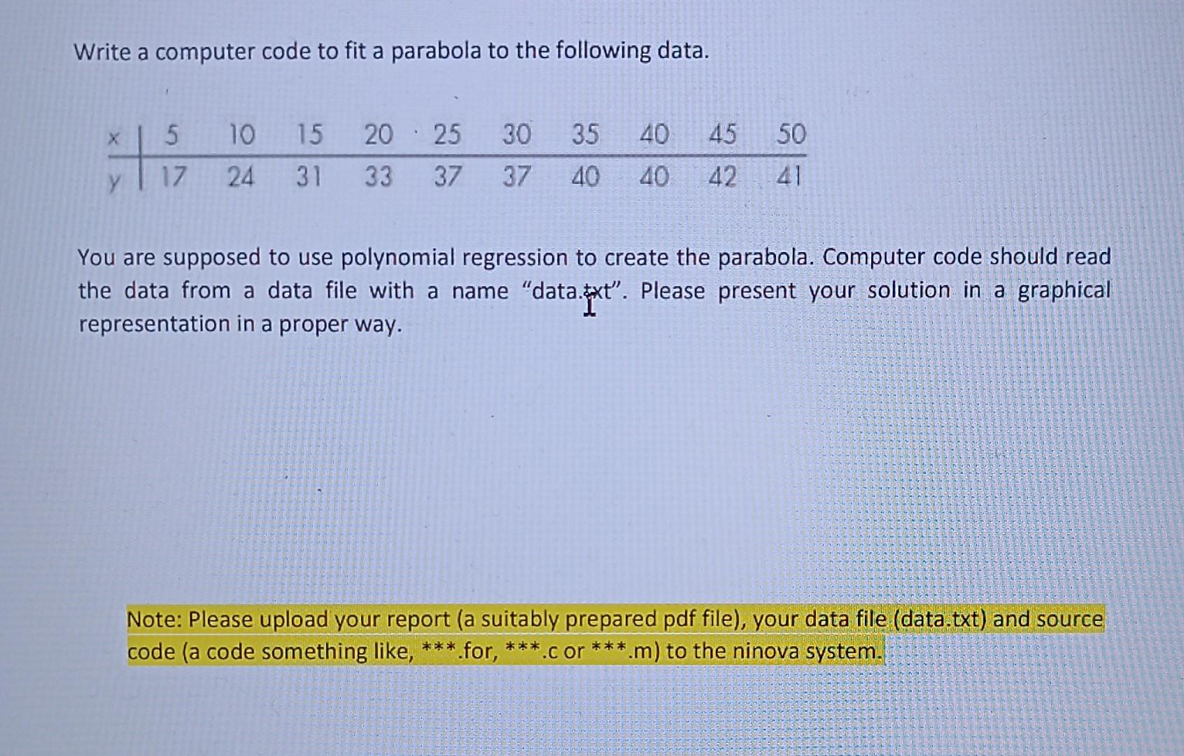 Solved Write a computer code to fit a parabola to the | Chegg.com