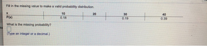 Solved Fill in the missing value to make a valid probability | Chegg.com