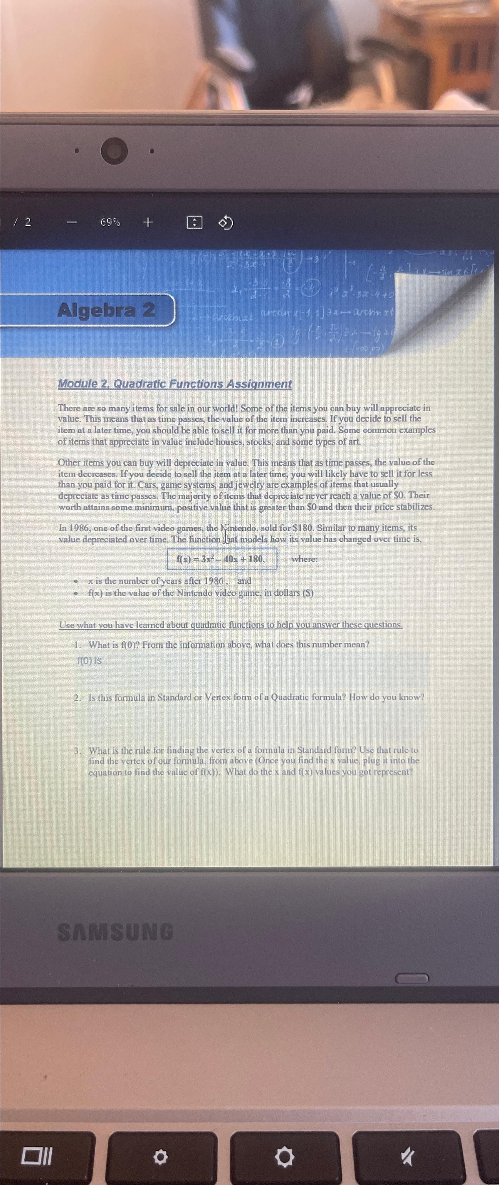 Solved Algebra 2Module 2, ﻿Quadratic Functions | Chegg.com