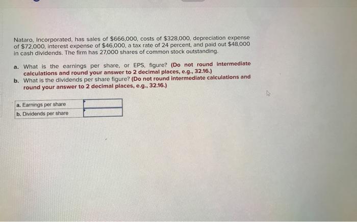Solved Nataro, Incorporated, has sales of $666,000, costs of | Chegg.com