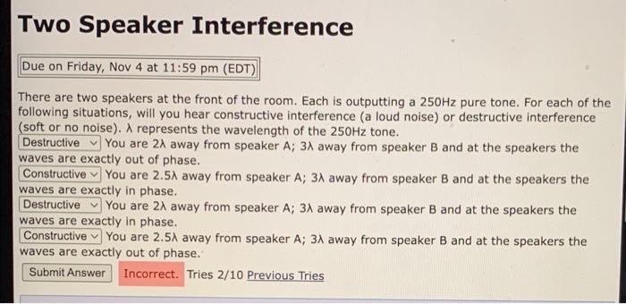Solved There are two speakers at the front of the room. Each | Chegg.com
