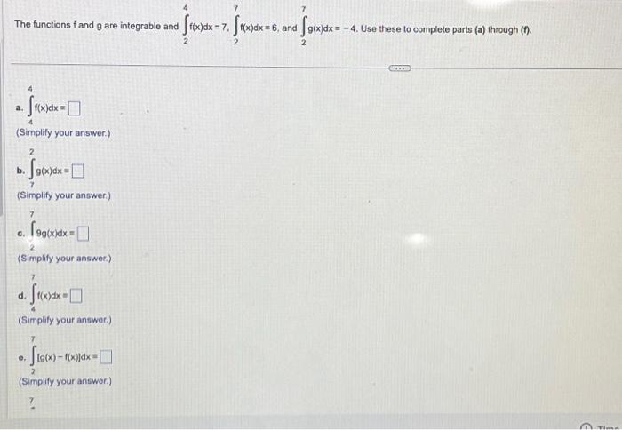 The functions f and g are integrable and 4 [ f(x)dx= | Chegg.com