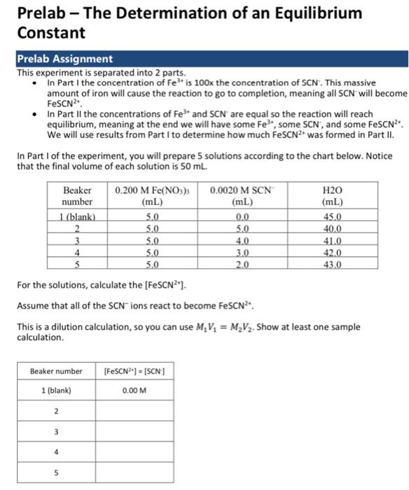 Solved Prelab - The Determination of an Equilibrium Constant | Chegg.com