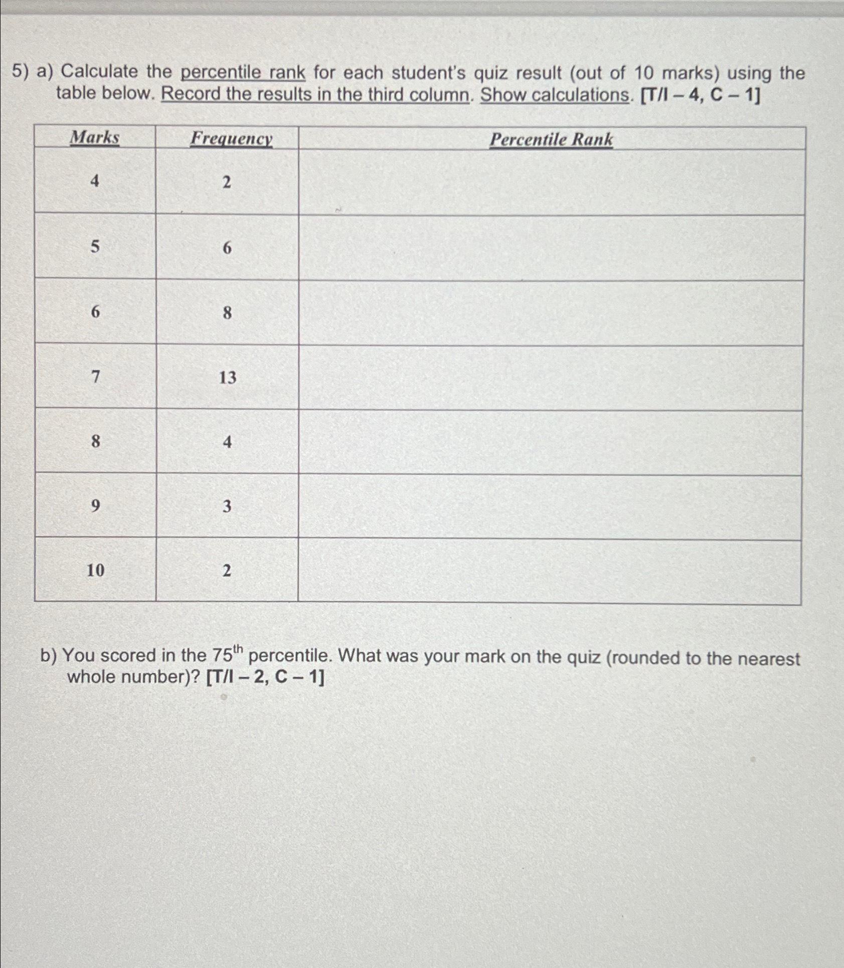 Solved a) ﻿Calculate the percentile rank for each student's | Chegg.com