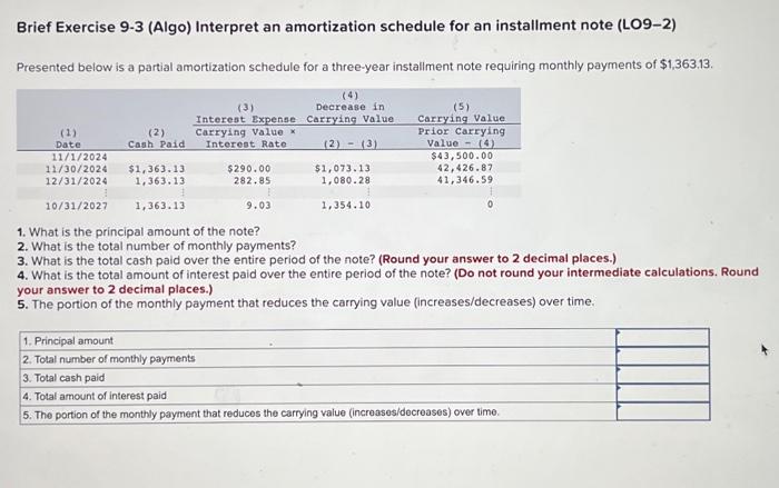 Solved Brief Exercise 9-3 (Algo) Interpret an amortization | Chegg.com