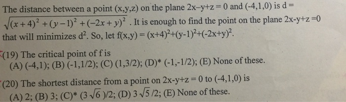 Solved The distance between a point (x,y,z) on the plane | Chegg.com