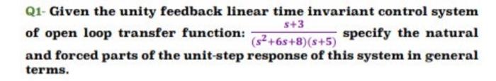 Solved Q1. Given the unity feedback linear time invariant | Chegg.com