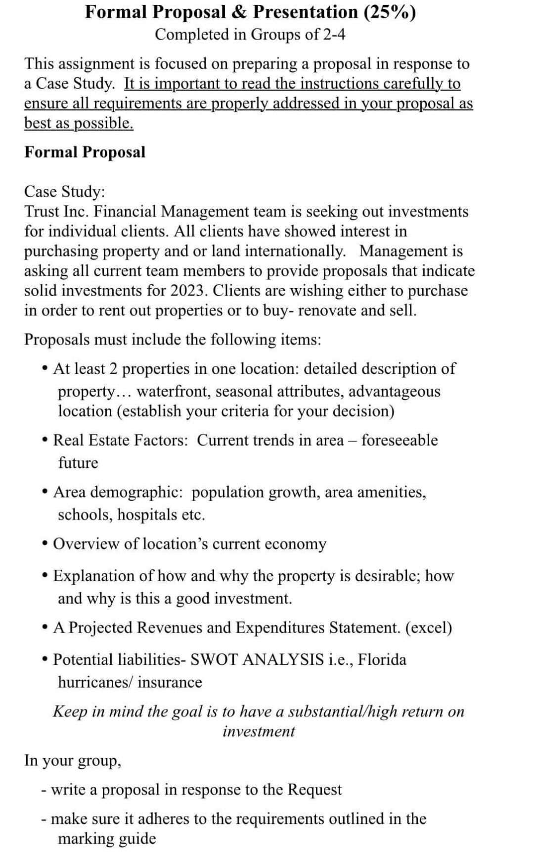 Formal Proposal \& Presentation (25\%) Completed in | Chegg.com