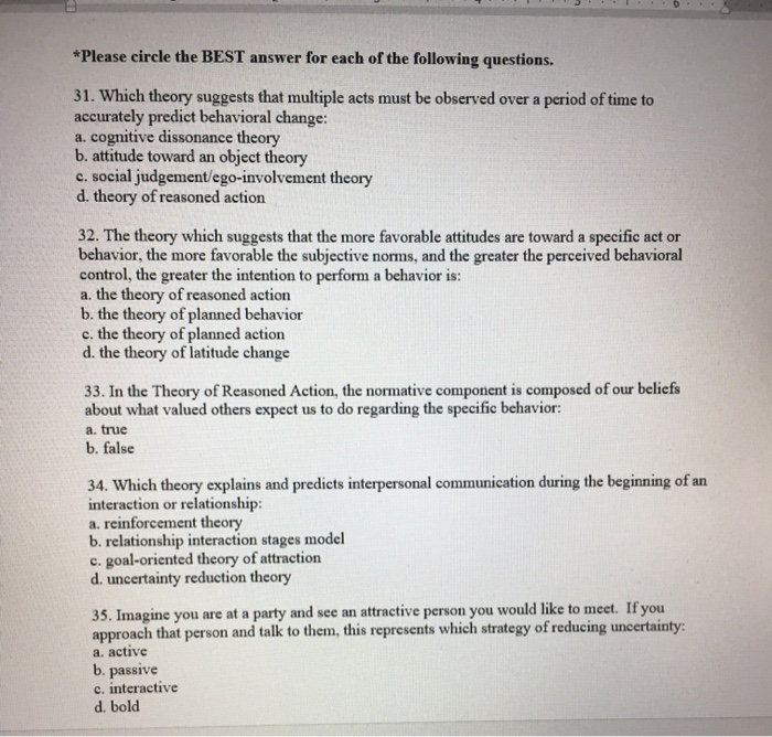 Solved *Please circle the BEST answer for each of the | Chegg.com