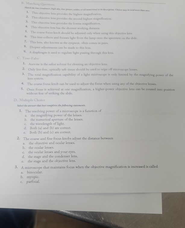 Matching Out 1. This objective lens provides the | Chegg.com