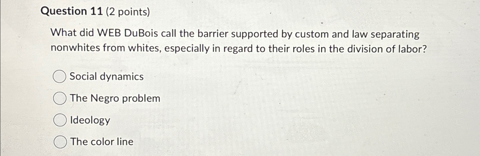 Solved Question 11 (2 ﻿points)What did WEB DuBois call the | Chegg.com