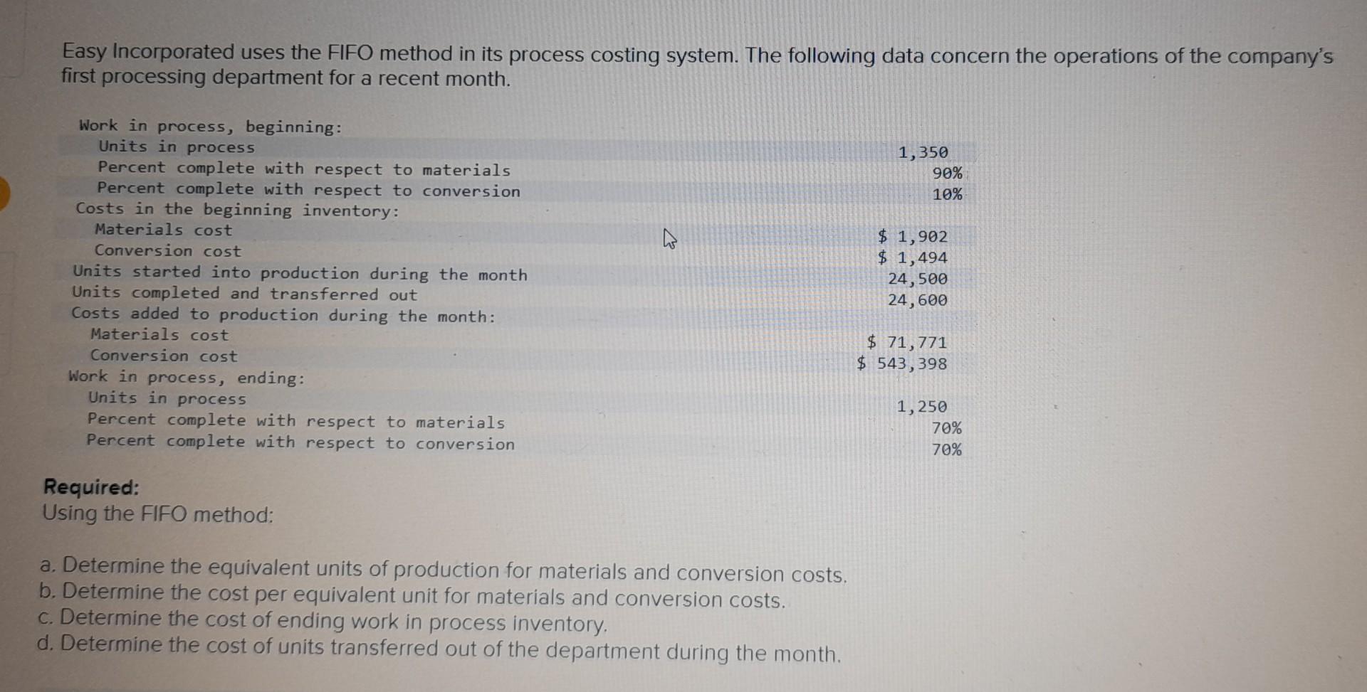 Solved Easy Incorporated uses the FIFO method in its process | Chegg.com