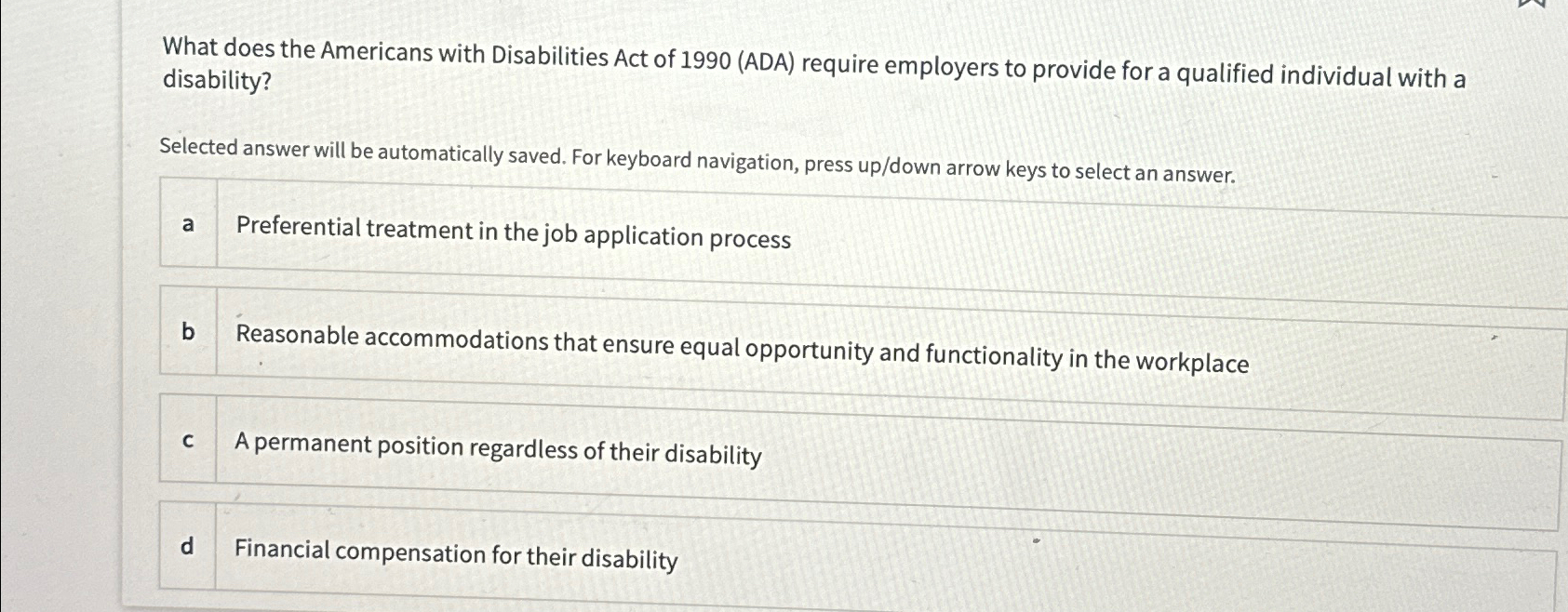 Solved What does the Americans with Disabilities Act of | Chegg.com