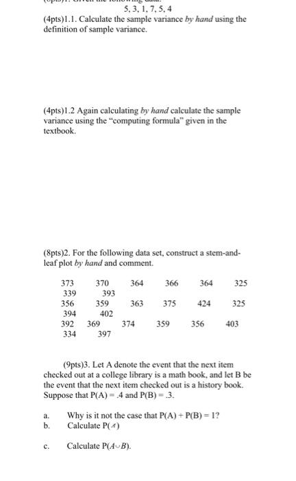 Solved (4pts)1.1. Calculate the sample variance by hand | Chegg.com