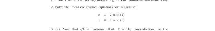 Solved 2. Solve the linear congruence equations for integers | Chegg.com