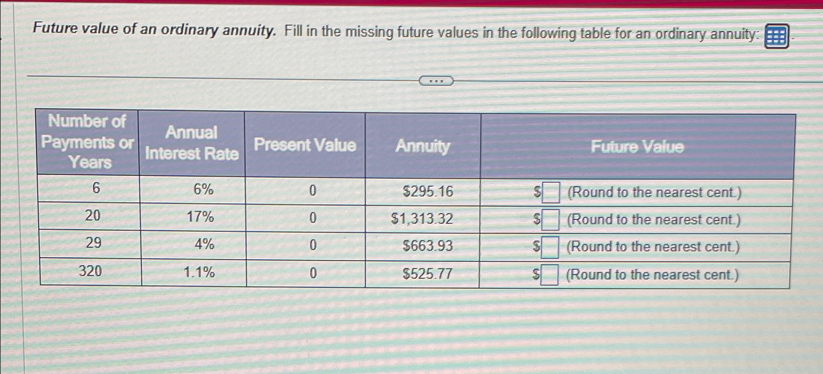 Solved Future value of an ordinary annuity. Fill in the | Chegg.com