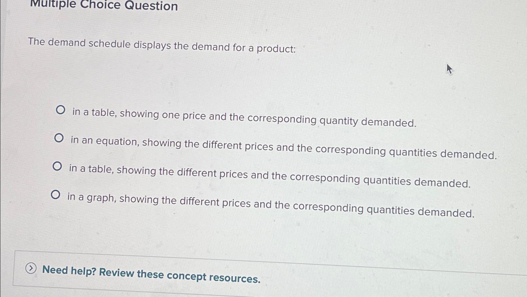 Solved Multiple Choice QuestionThe demand schedule displays | Chegg.com