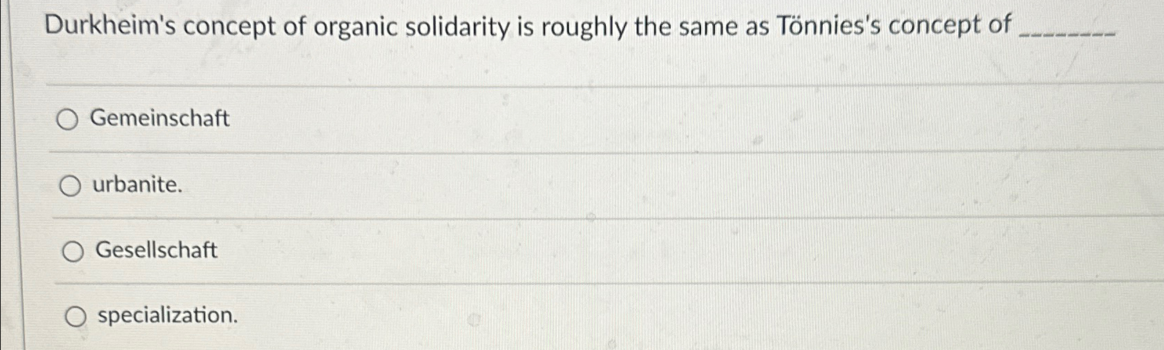 Solved Durkheim's concept of organic solidarity is roughly | Chegg.com
