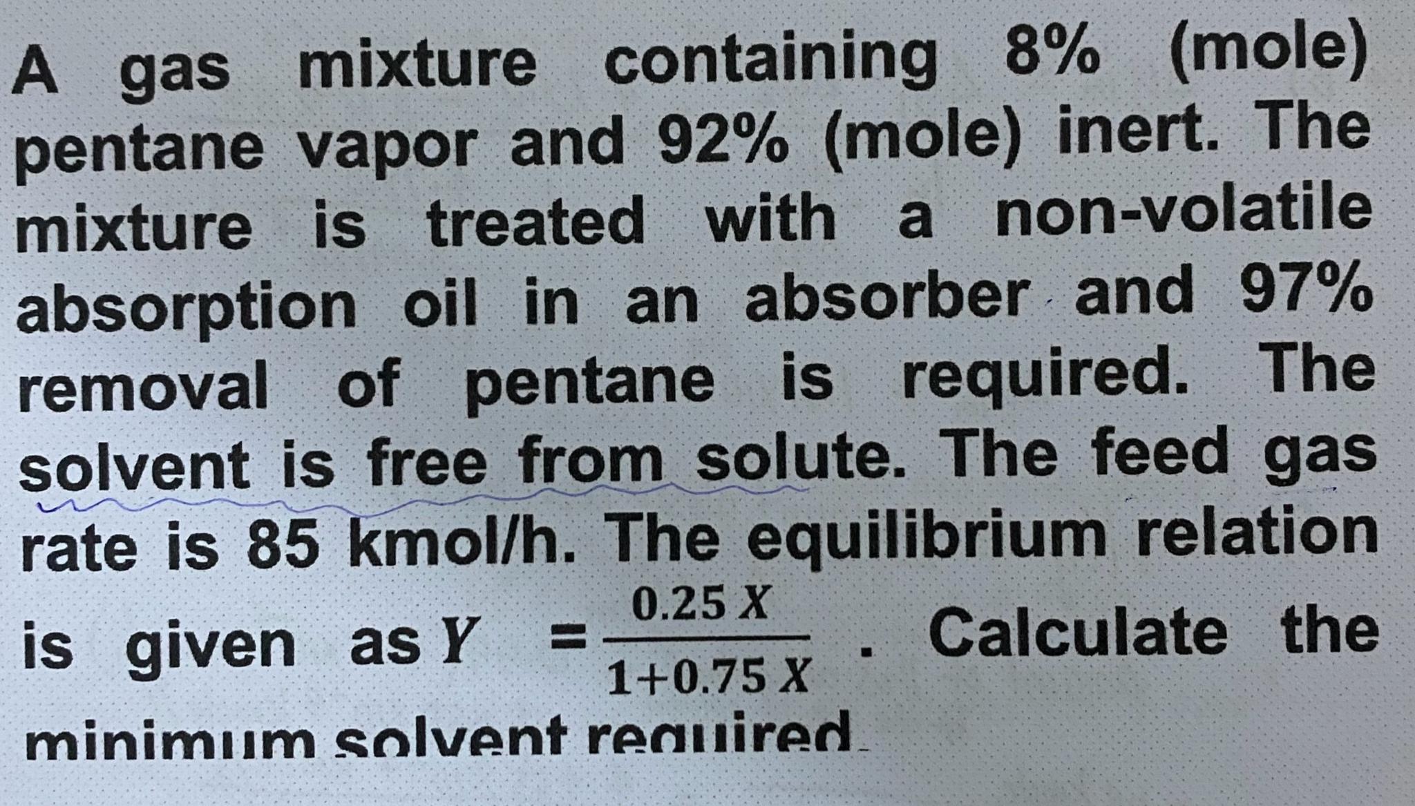 Solved A gas mixture containing 8% (mole) ﻿pentane vapor and | Chegg.com