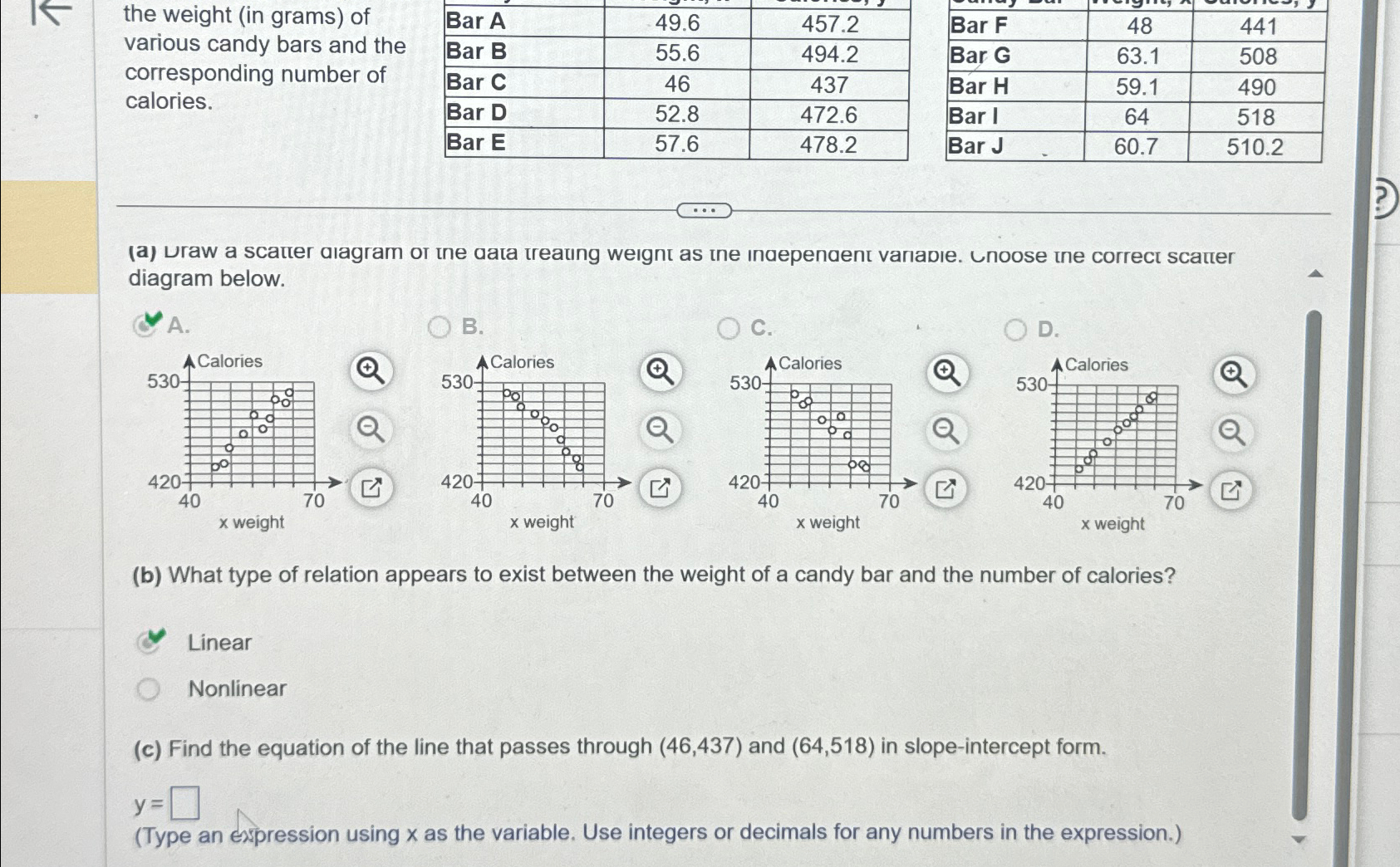 Solved the weight (in grams) ﻿of various candy bars and the | Chegg.com