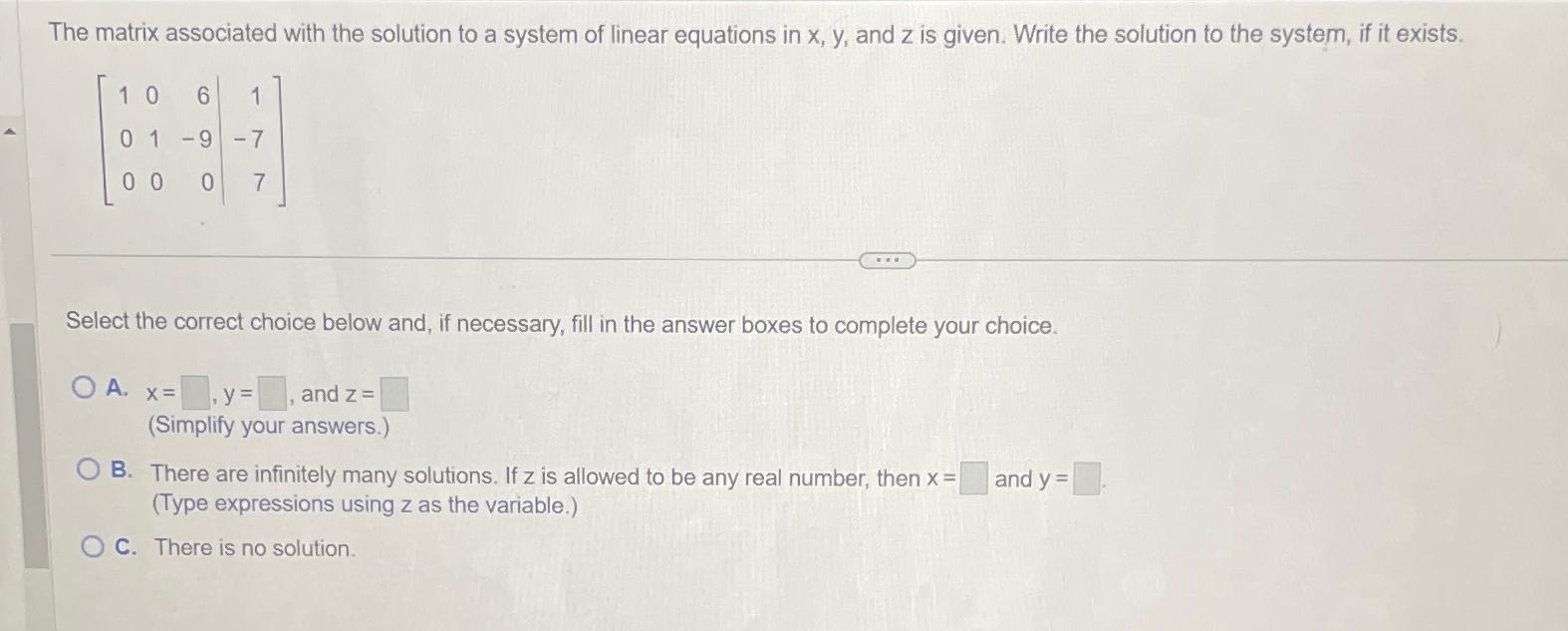 Solved The matrix associated with the solution to a system | Chegg.com