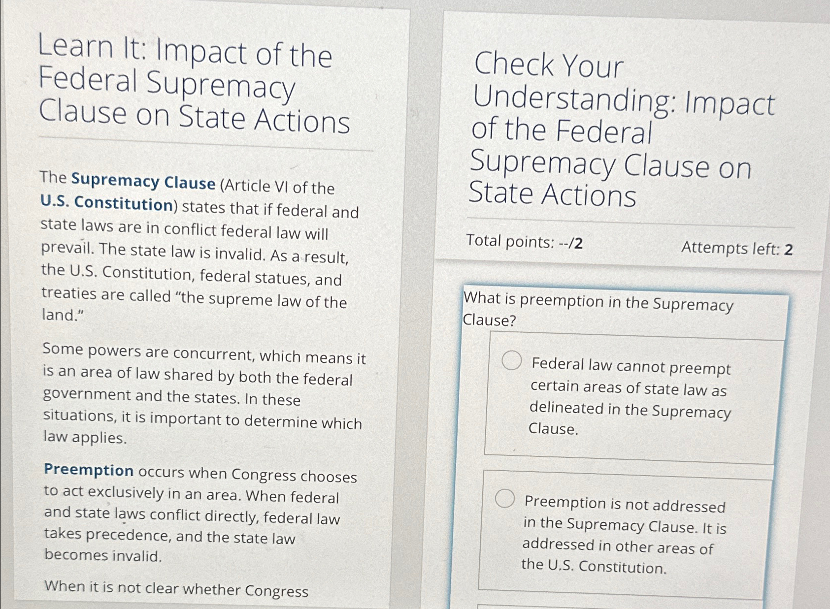Solved Learn It: Impact of the Federal Supremacy Clause on | Chegg.com