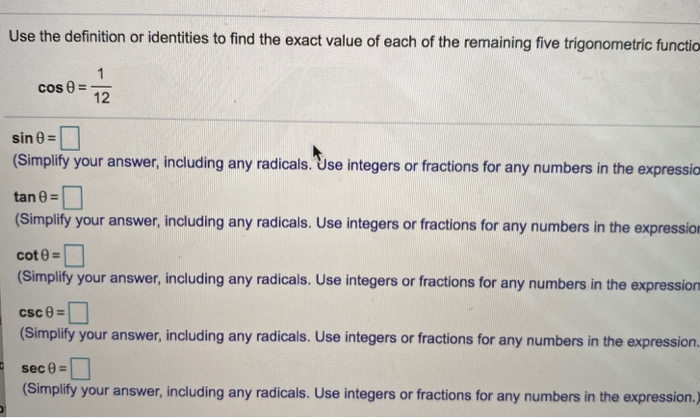 Solved Use the definition or identities to find the exact | Chegg.com