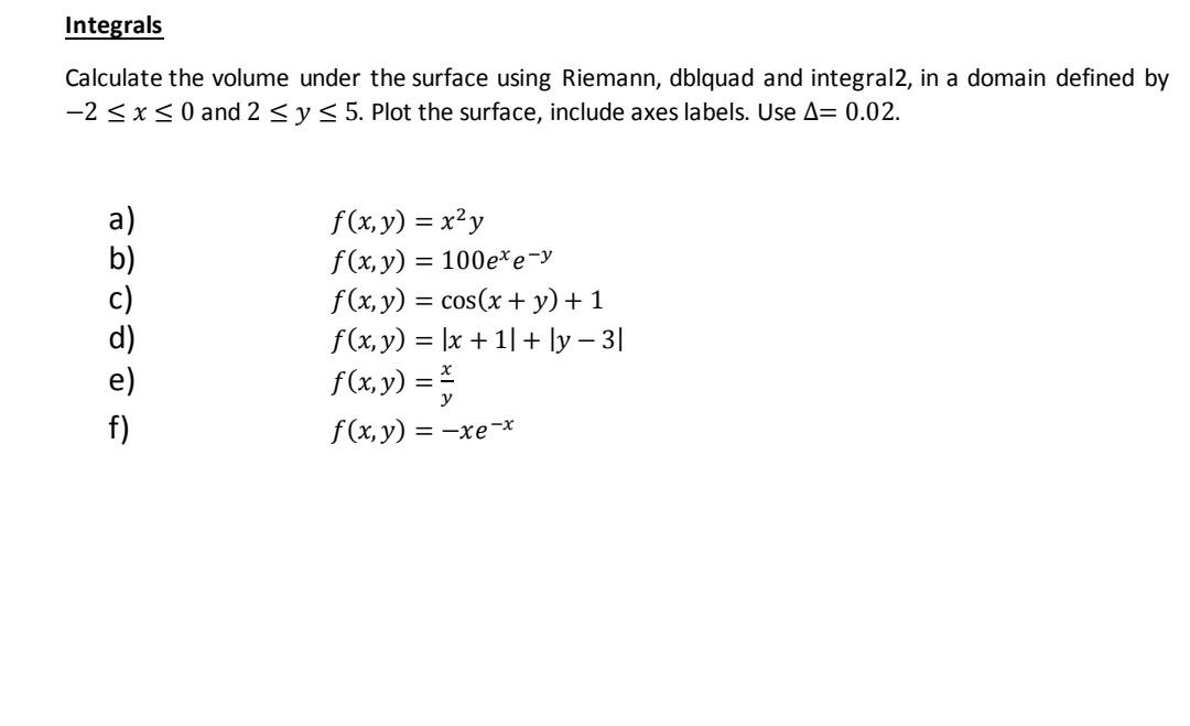 Solved Integrals Calculate the volume under the surface | Chegg.com