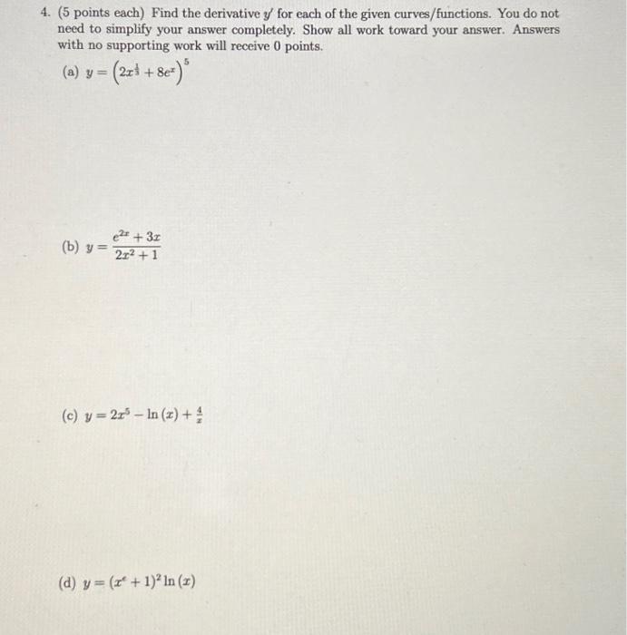 Solved 4. (5 points each) Find the derivative y′ for each of | Chegg.com
