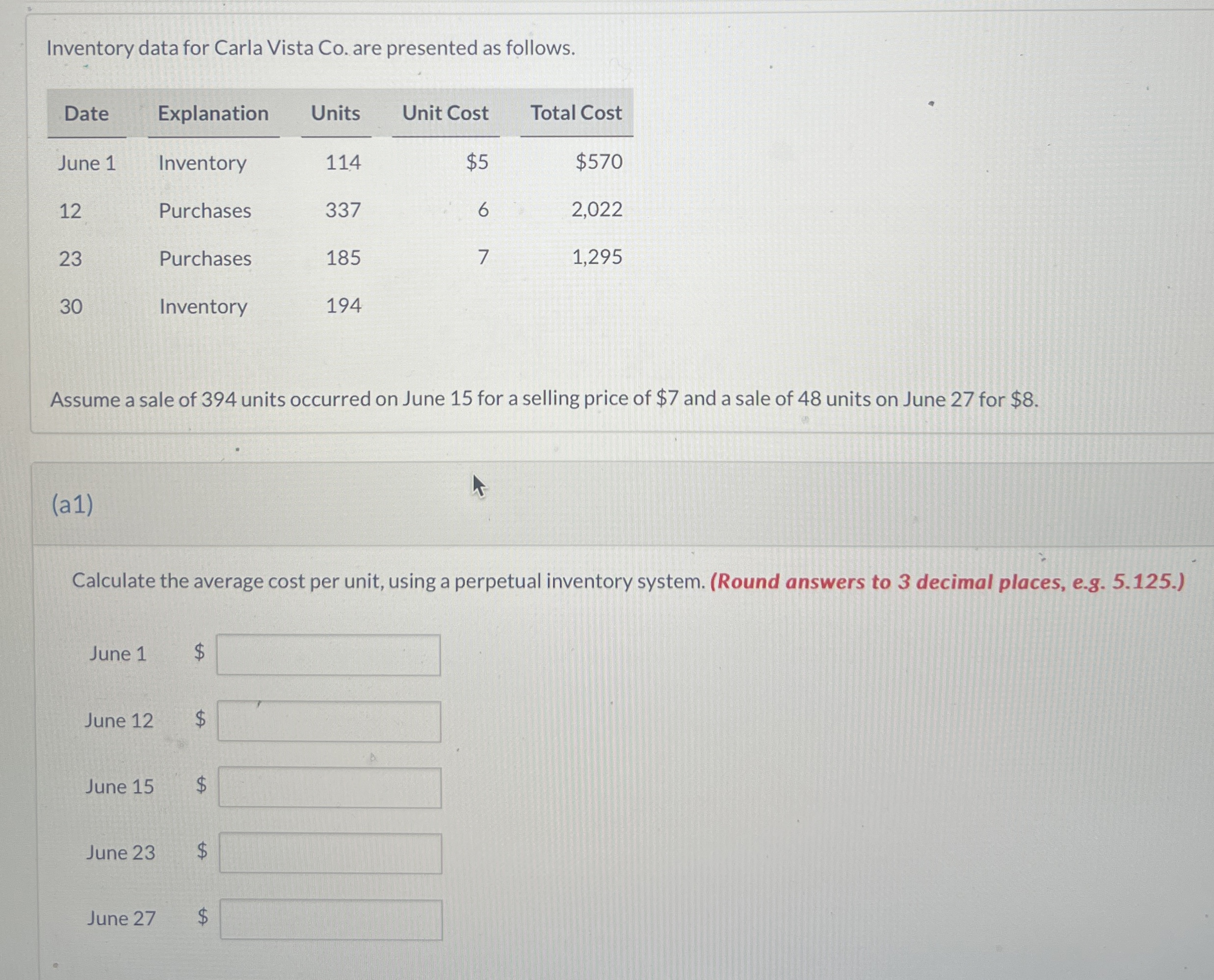Solved Inventory data for Carla Vista Co. ﻿are presented as | Chegg.com