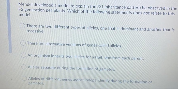 Solved Mendel developed a model to explain the 3:1 | Chegg.com