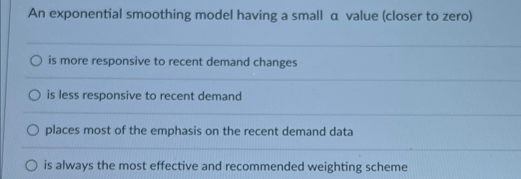 Solved An exponential smoothing model having a small a value | Chegg.com