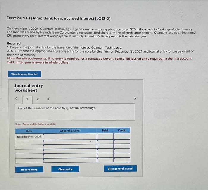 Solved Exercise 13-1 (Algo) Bank loan; accrued interest | Chegg.com