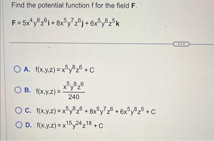 Solved Find the potential function f for the field F. | Chegg.com