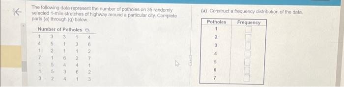 Solved K The following data represent the number of potholes | Chegg.com